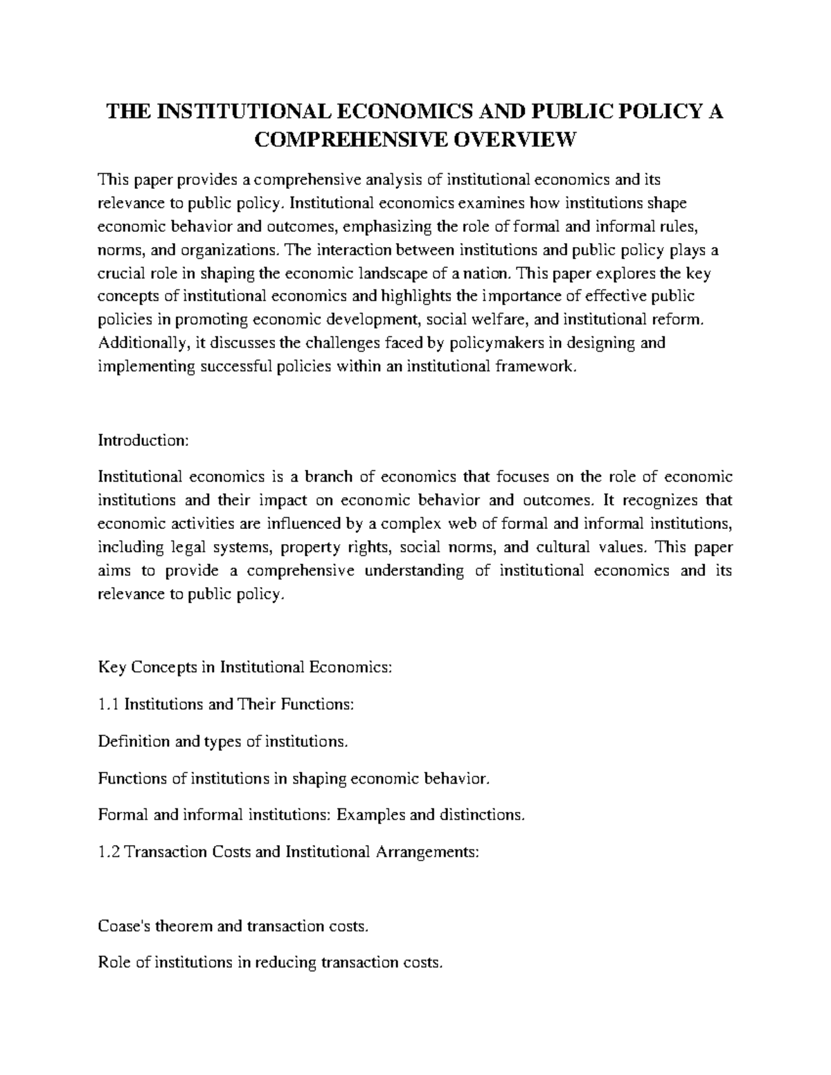 THE Institutional Economics AND Public Policy A Comprehensive Overview ...