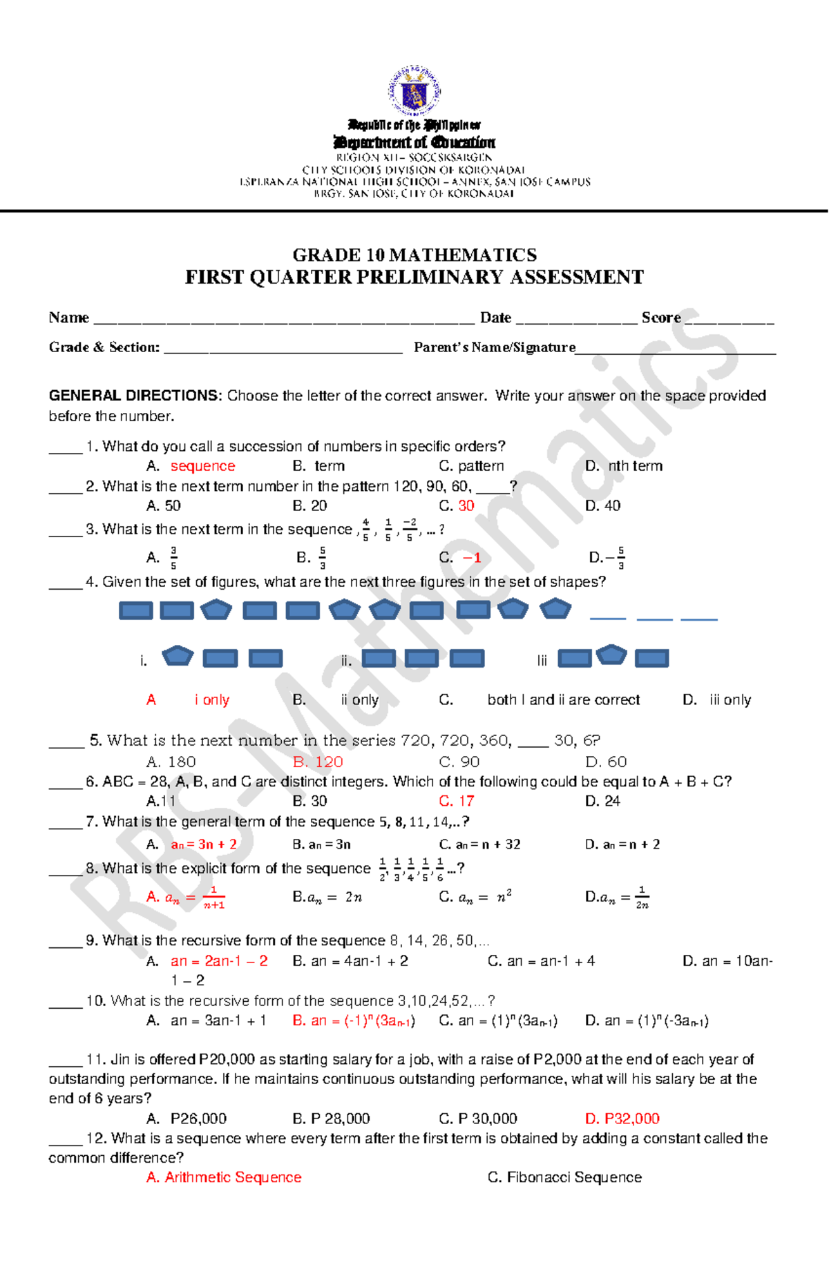 537743625 Math10 Summative Testq 1 Upload - Republic of the Philippines ...