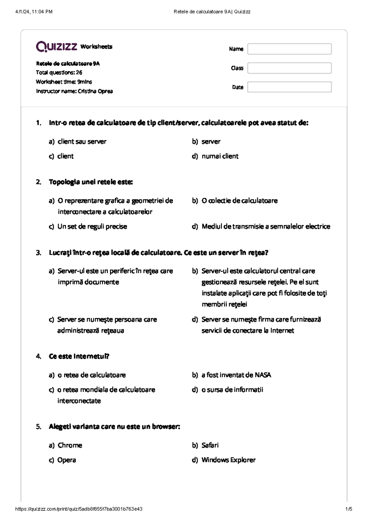 Retele de calculatoare quiz - Worksheets Retele de calculatoare 9A ...