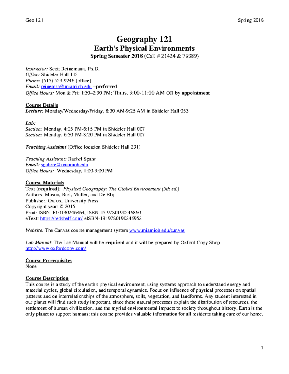 Syllabus 121DE SP18 - Geography 121 Earth's Physical Environments ...
