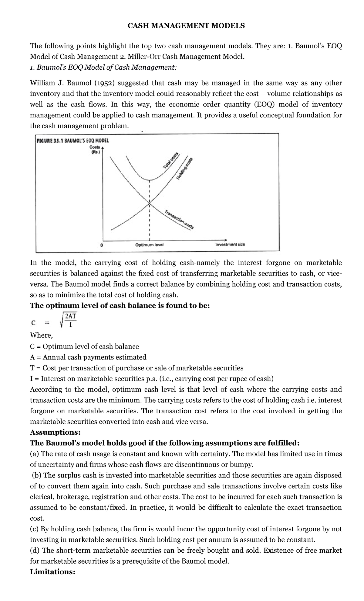 Cash Management Models - CASH MANAGEMENT MODELS The following points ...