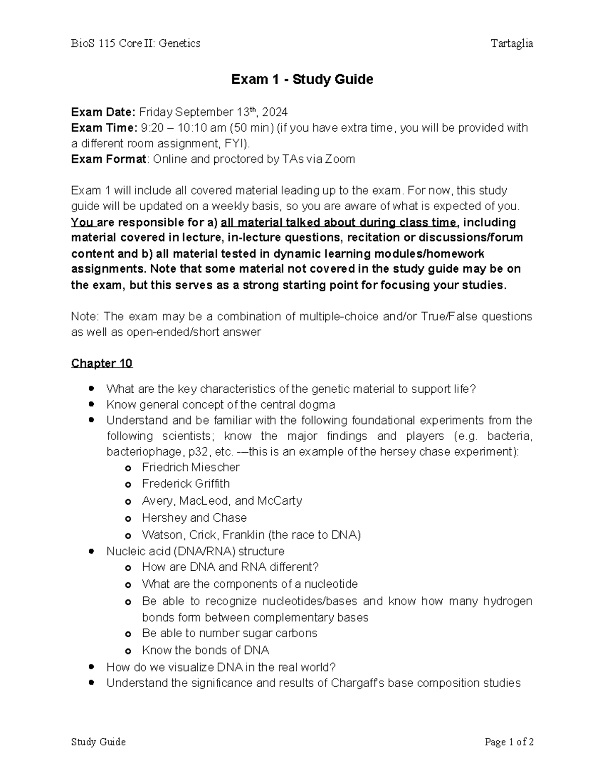 Bio S115 Study Guide Exam1 Fall24 Updated 06Sep24 - BioS 115 Core II: Genetics Tartaglia Exam 1 ...