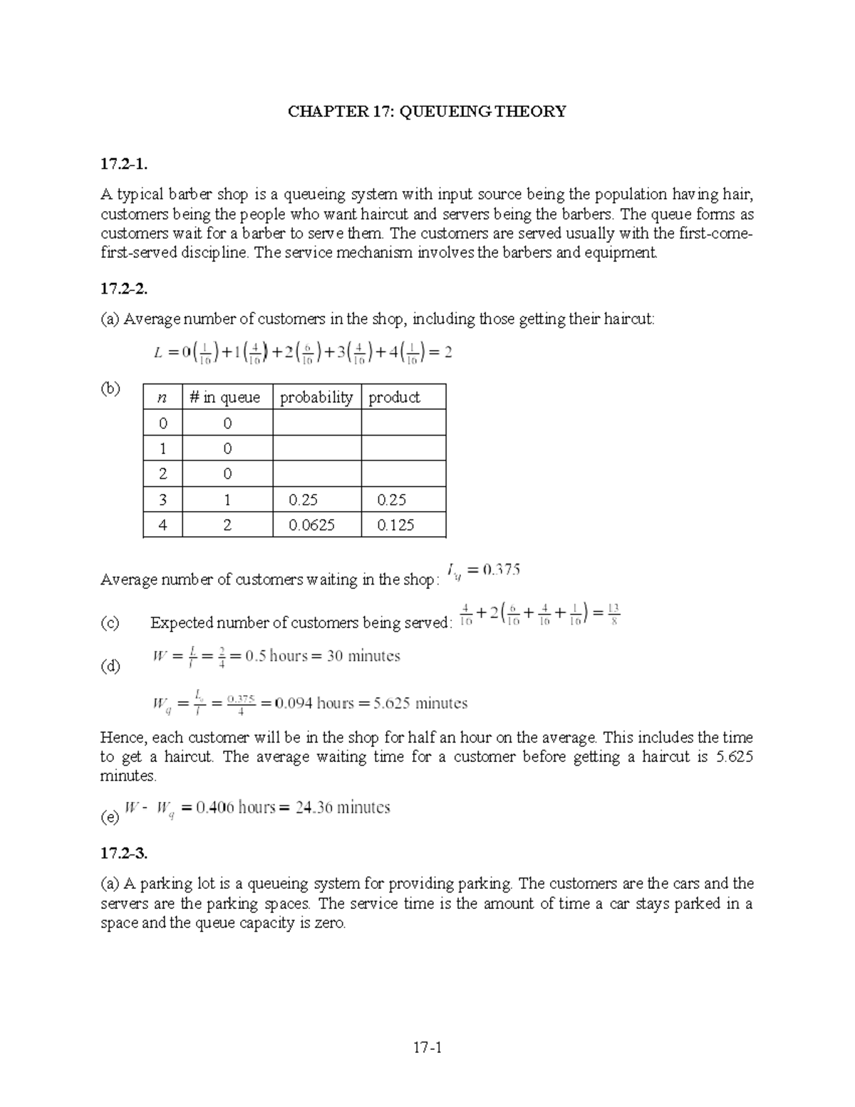 Hillier IOR 11e Chap017 Solutions - CHAPTER 17: QUEUEING THEORY 17-1. A typical barber shop is a ...
