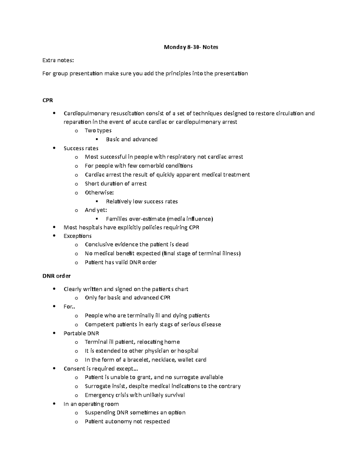 DNR, CPR, and determination of death lecture - Monday 8-30- Notes Extra ...