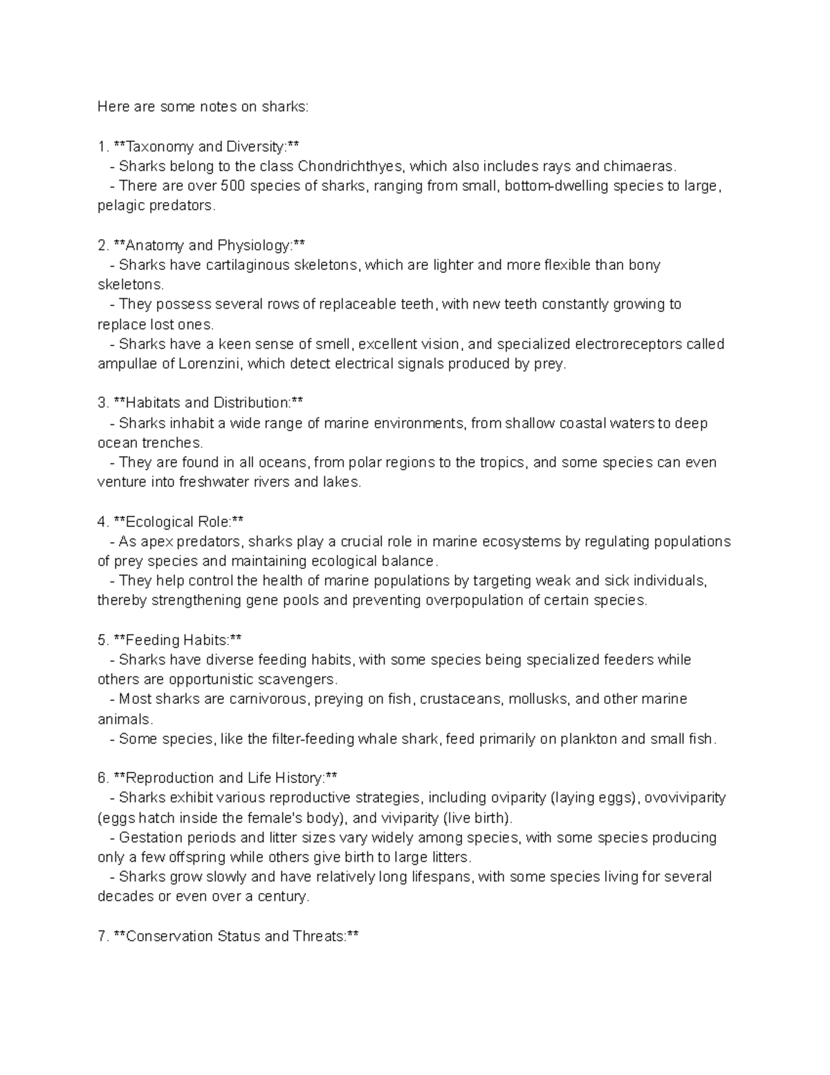 Notes sharks - Here are some notes on sharks: Taxonomy and Diversity ...