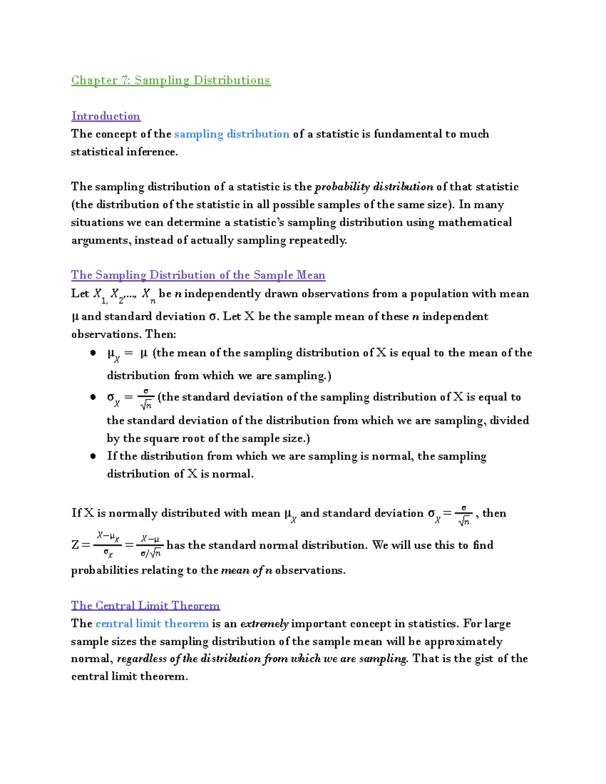 STAT DE Chapter 7 Notes - Chapter 7: Sampling Distributions ...