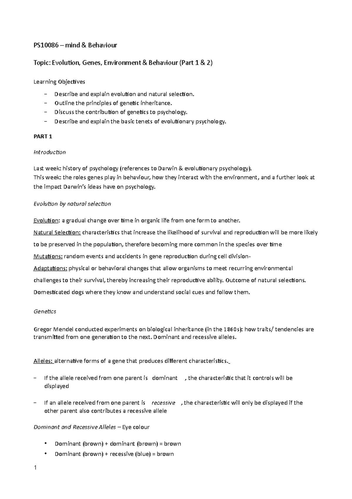 Mind and behavior - PS10086 – mind & Behaviour Topic: Evolution, Genes, Environment & - Studocu