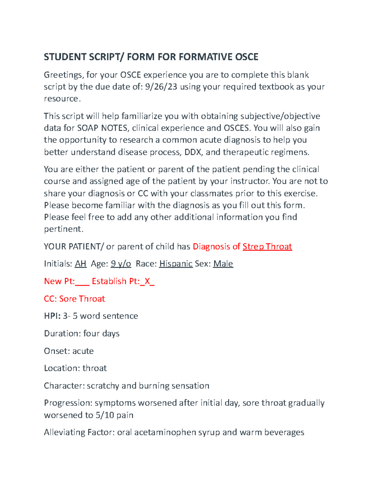 OSCE SCRIPT for CLINICAL - STUDENT SCRIPT/ FORM FOR FORMATIVE OSCE ...