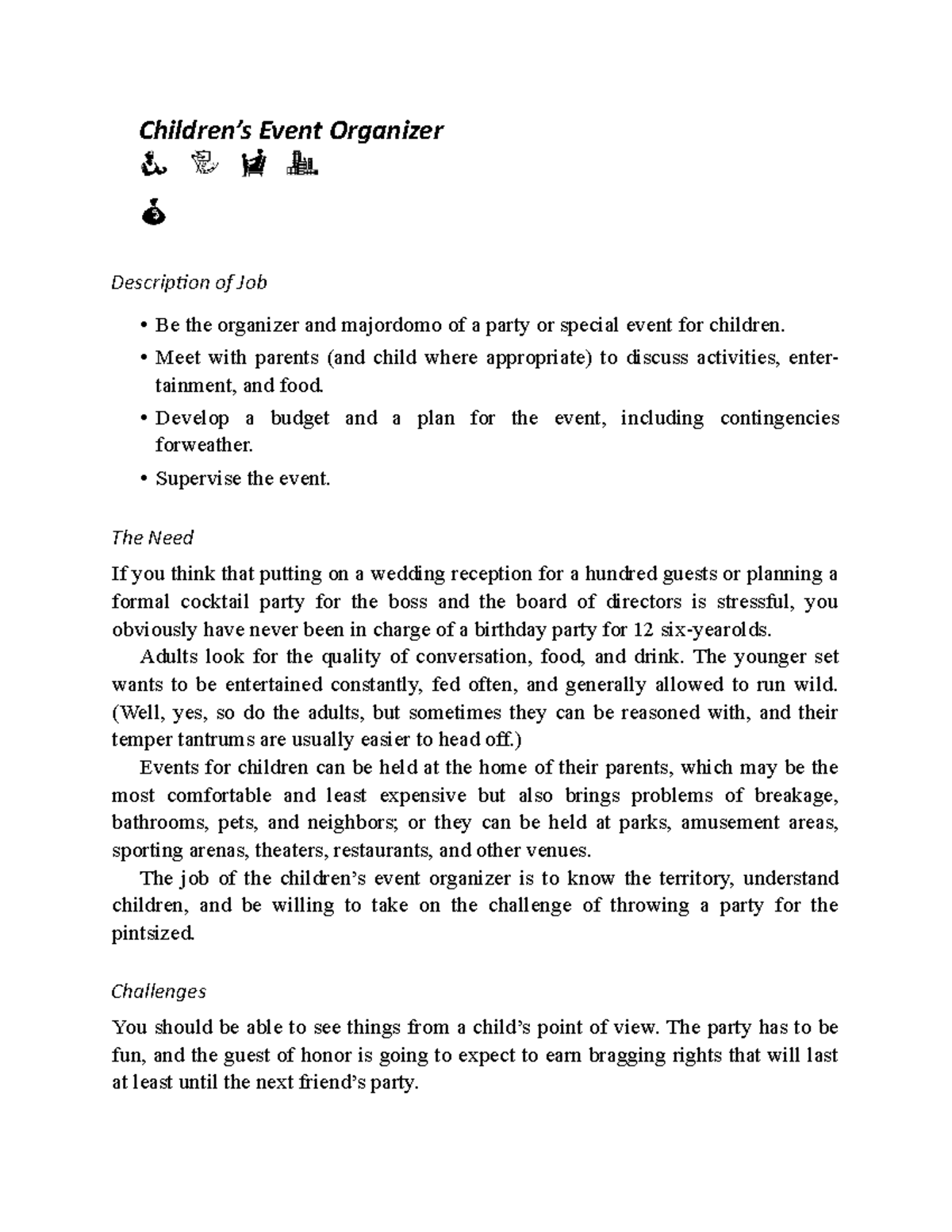 Children - Children’s Event Organizer Description of Job Be the ...