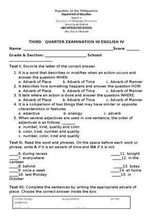 Periodic EXAM WITH TOS - Quarter Examination Technology and Livelihood ...