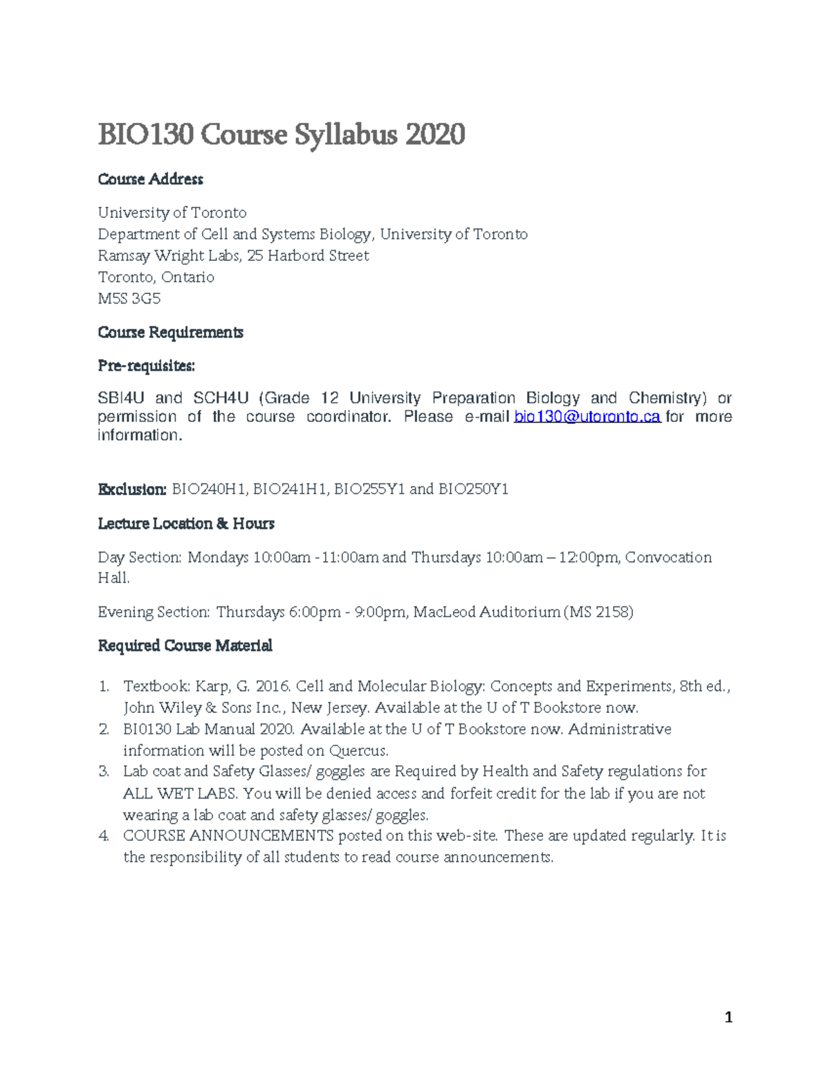 BIO130 Syllabus 2020 Winter - BIO 130 Course Syllabus 2020 Course ...