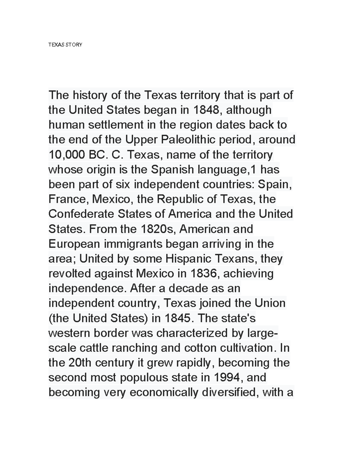 Texas Story - TEXAS STORY The history of the Texas territory that is ...