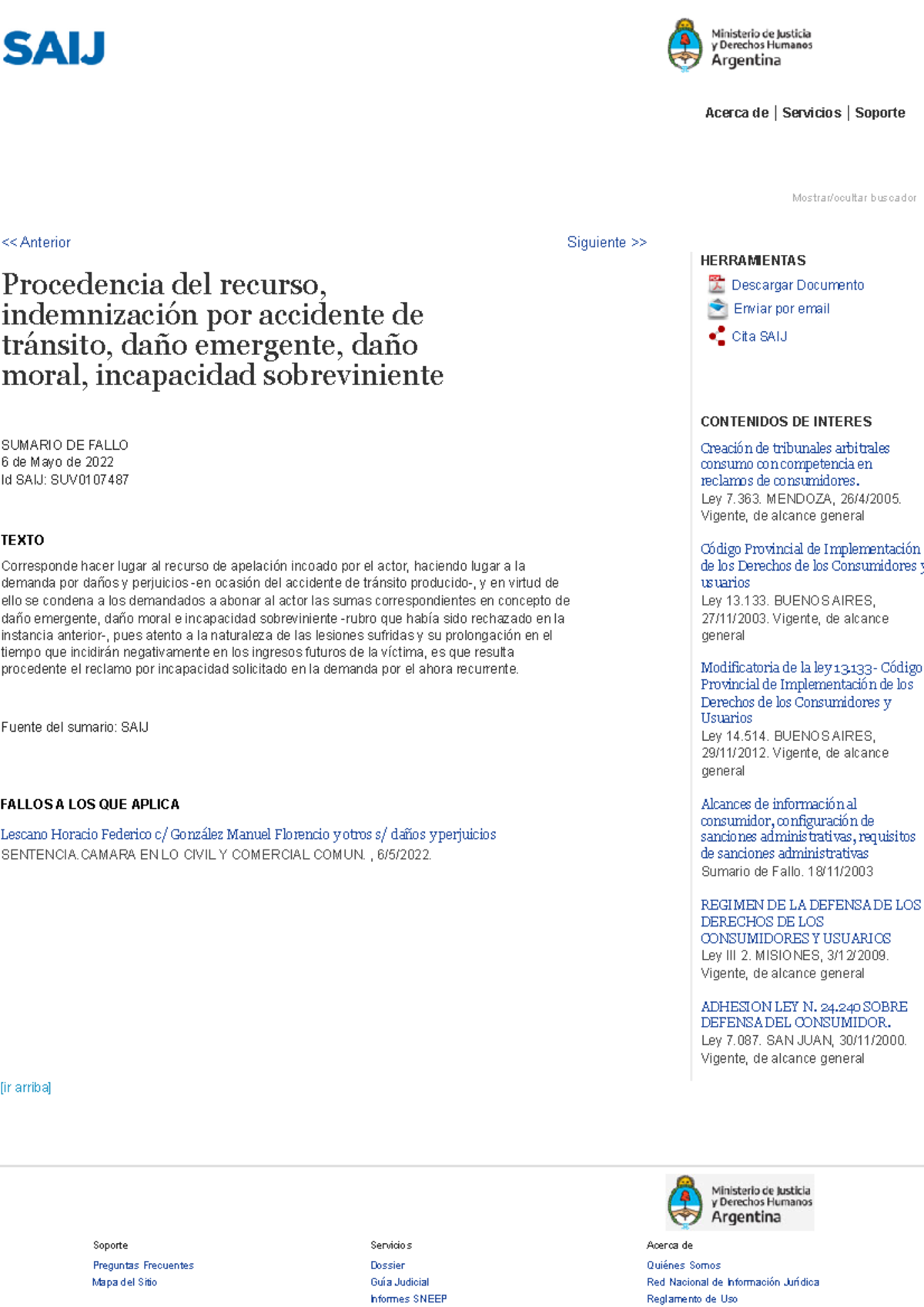 SAIJ - Procedencia del recurso, indemnización por accidente de tránsito ...