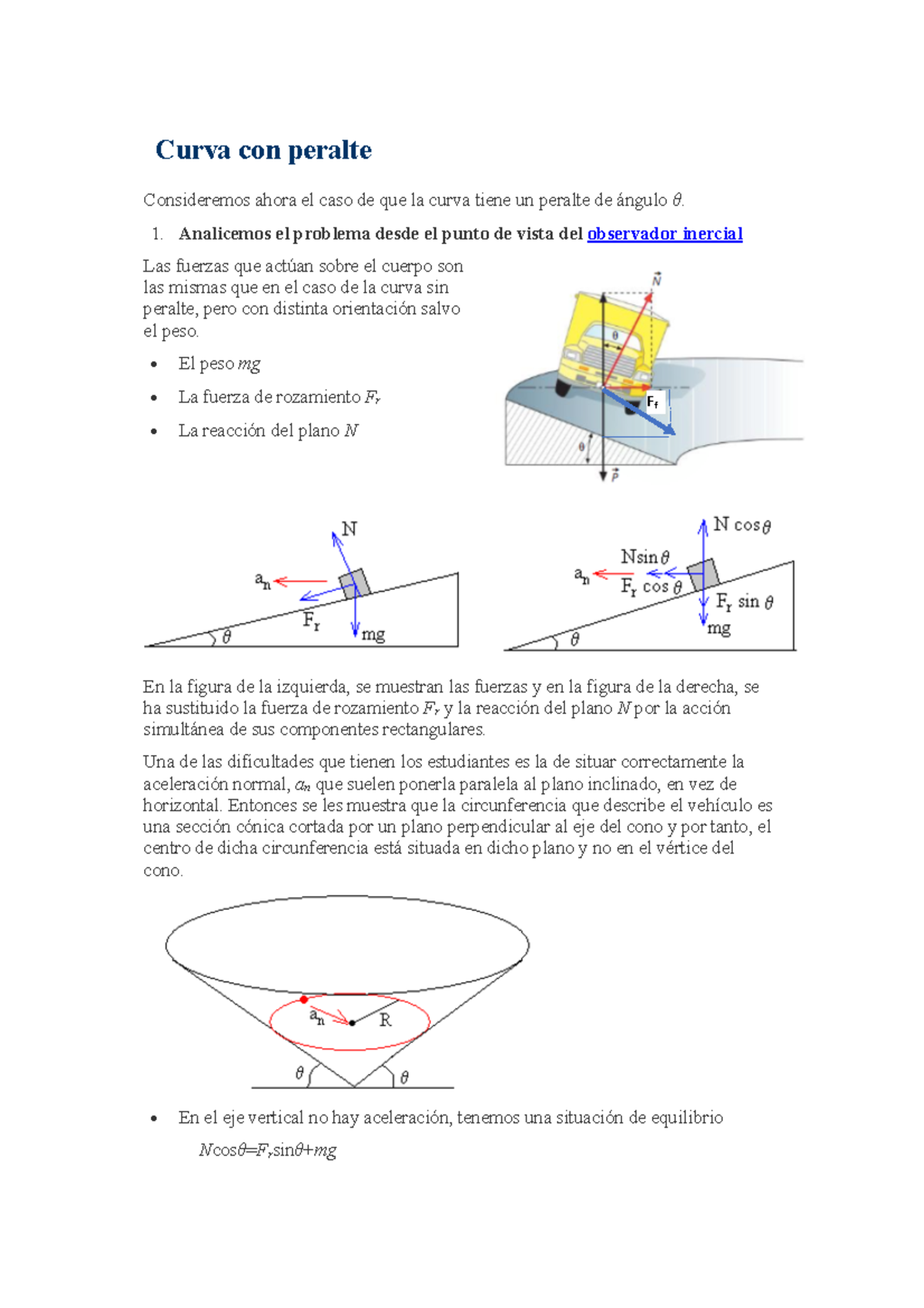 PCurva con peralte y rozamiento - Curva con peralte Consideremos ahora ...