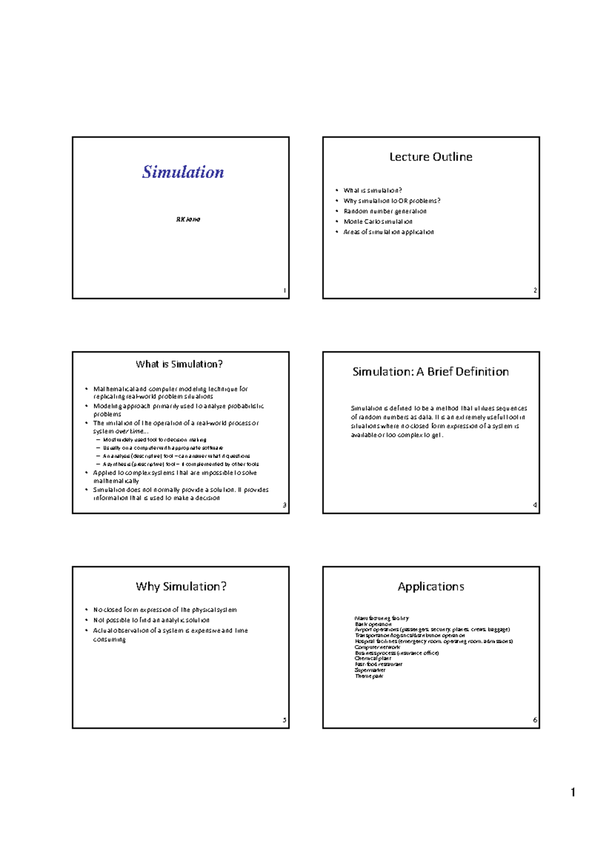 Simulation rk jana - good notes - RK Jana Simulation 1 Lecture Outline ...