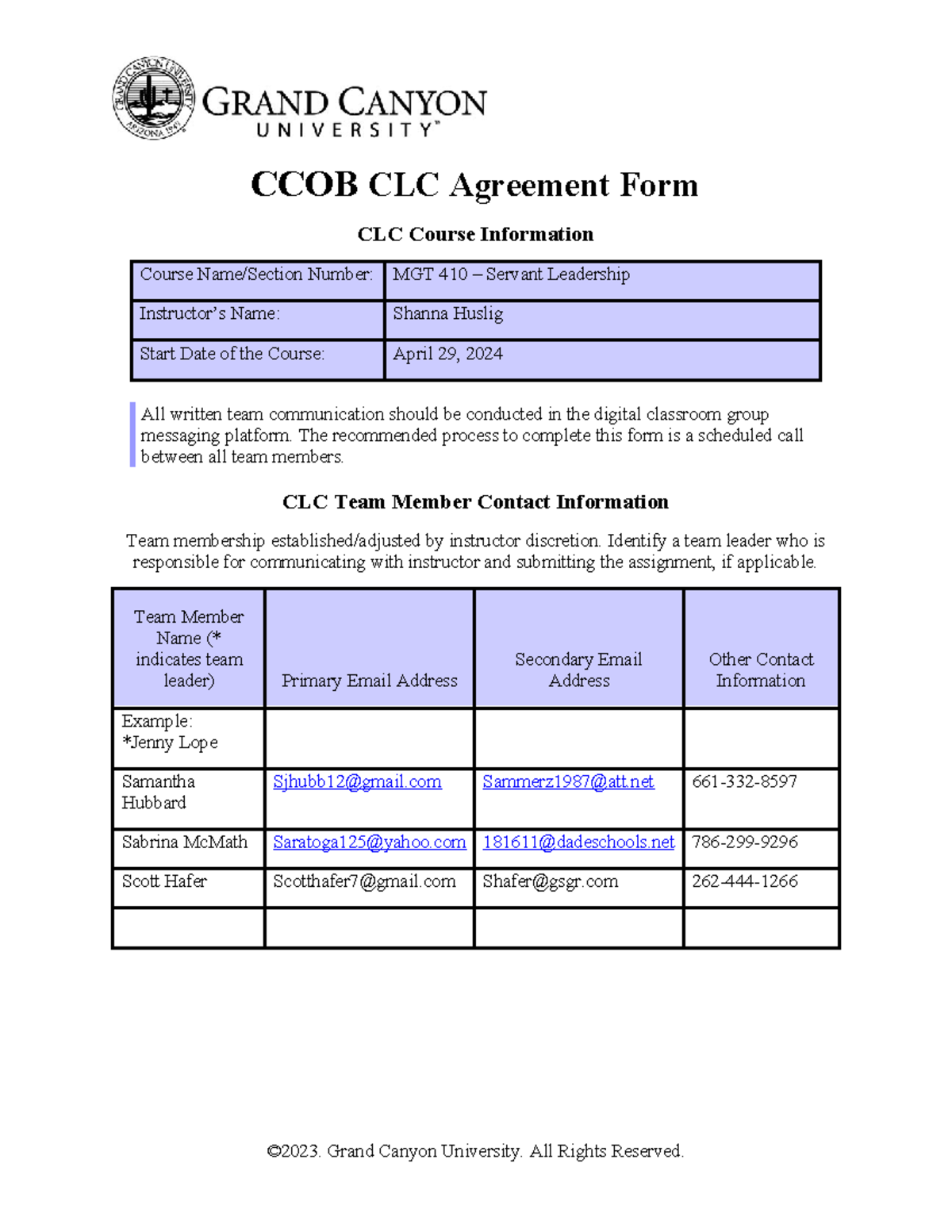 CCOB-CLC - outline for servant leadership project - CCOB CLC Agreement ...