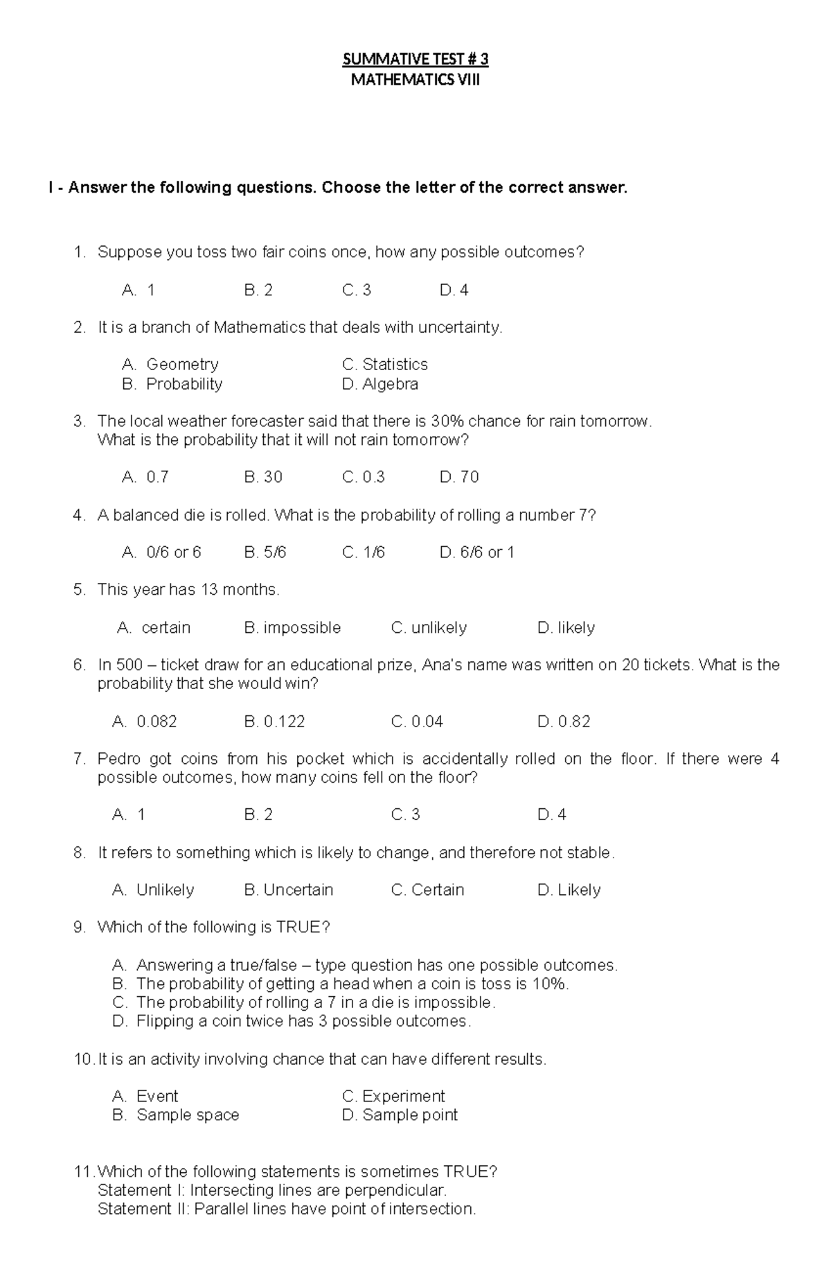 Math g19 summative test - SUMMATIVE TEST # 3 MATHEMATICS VIII I ...