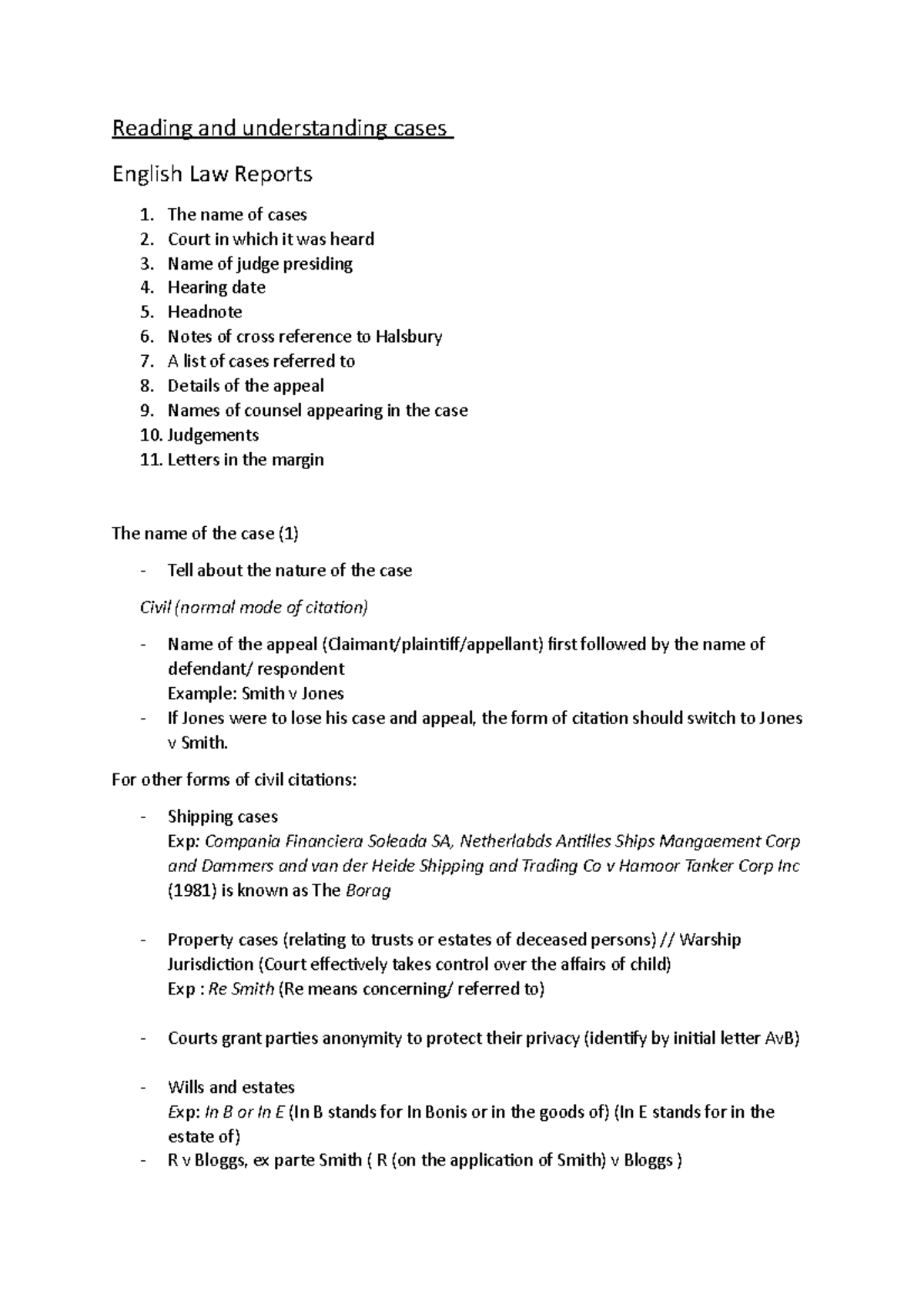Reading cases personal notes - Reading and understanding cases English ...