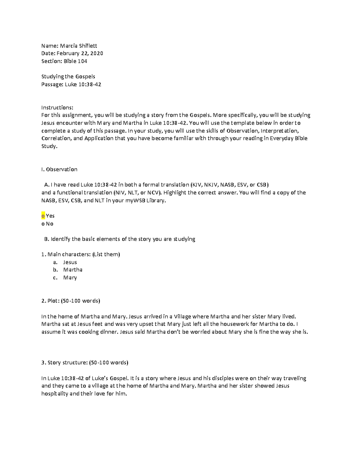 New Testament - Classwork - Name: Marcia Shiflett Date: February 22 ...