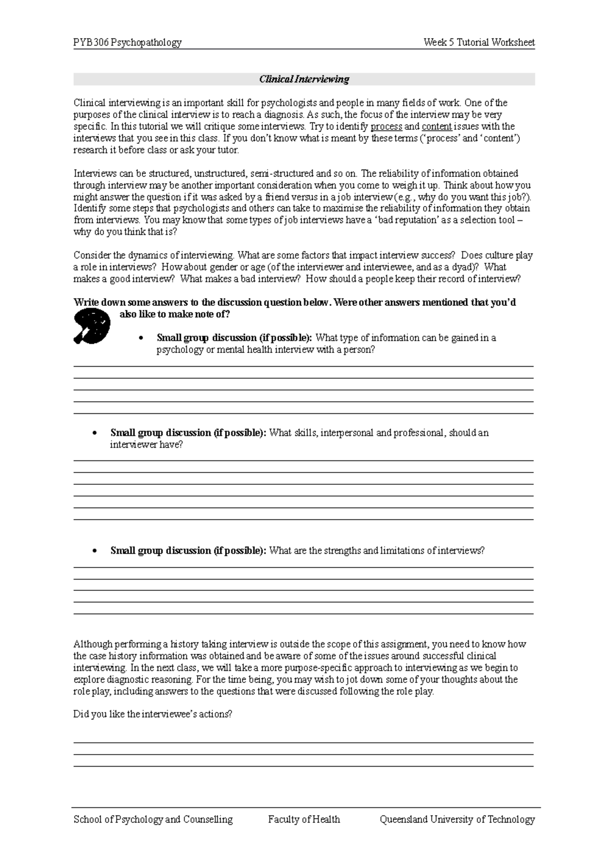 Week 5 Tutorial worksheet-2 - PYB306 Psychopathology Week 5 Tutorial ...