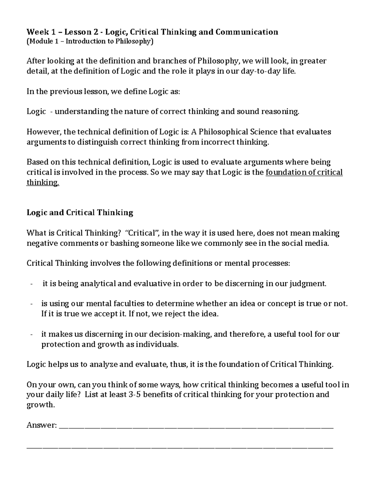 Lesson 2 - Logic, Critical Thinking, Communication Lesson 2 - Logic ...