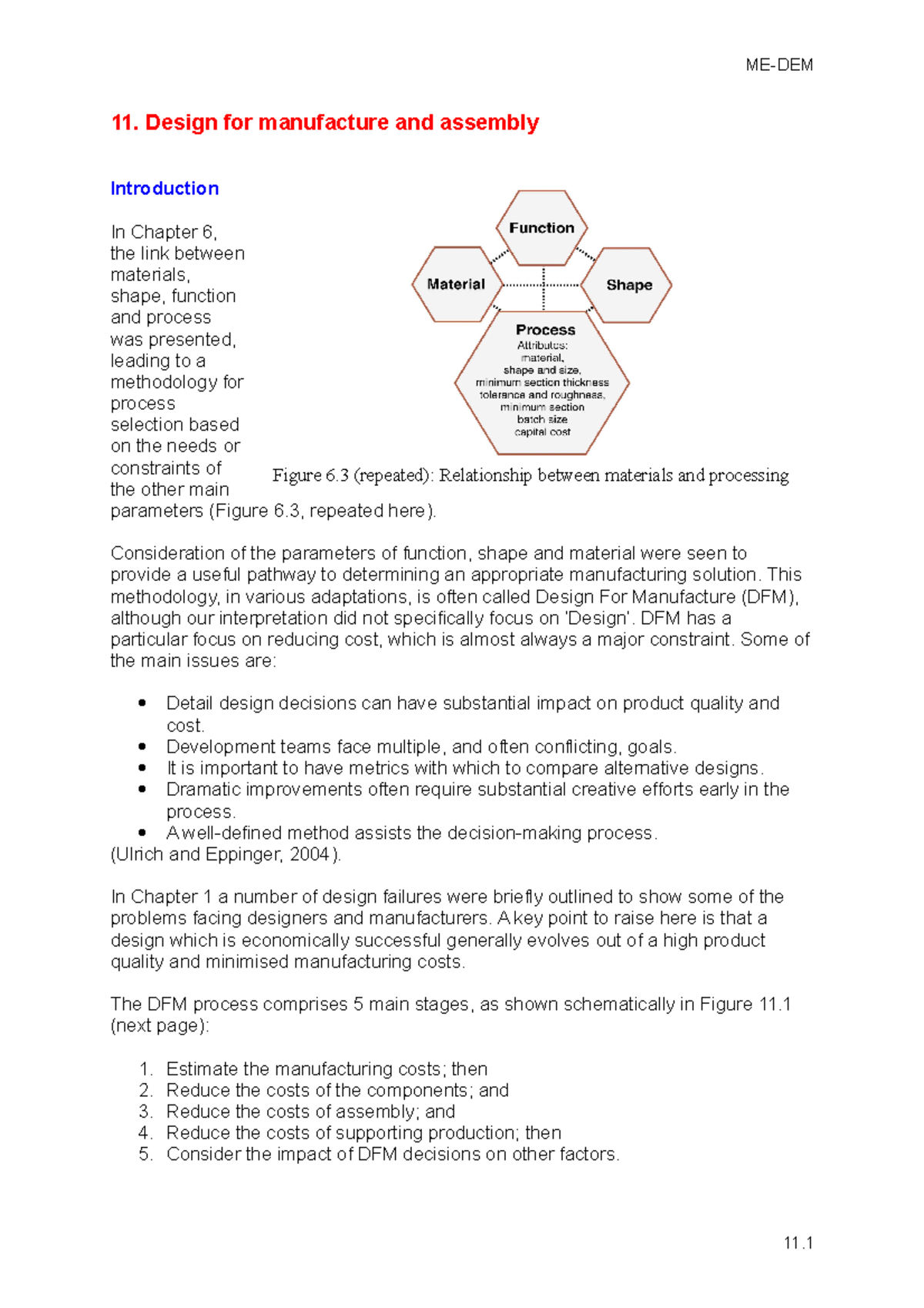 Design for Manufacture notes from lecture 11 - ME-DEM 11. Design for ...