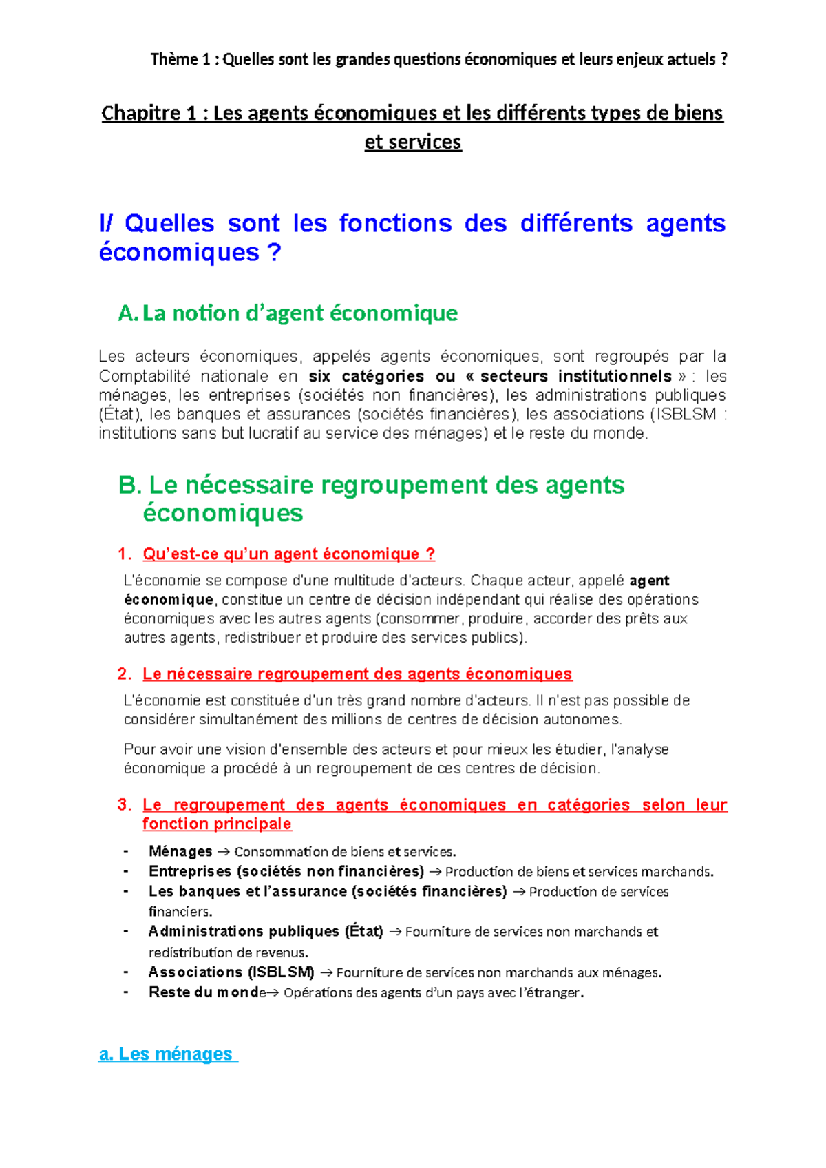 Chapitre 1 Les agents économiques et les différents types de biens et ...