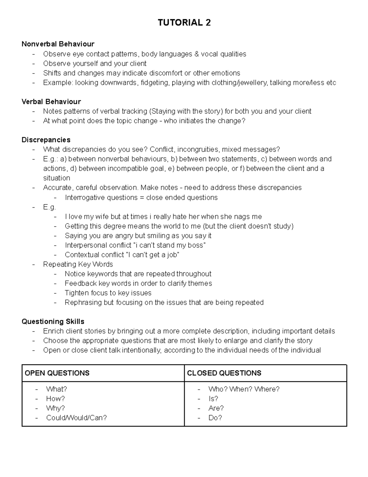 PSYU2201 Tutorial 2 Notes - TUTORIAL 2 Nonverbal Behaviour - Observe ...