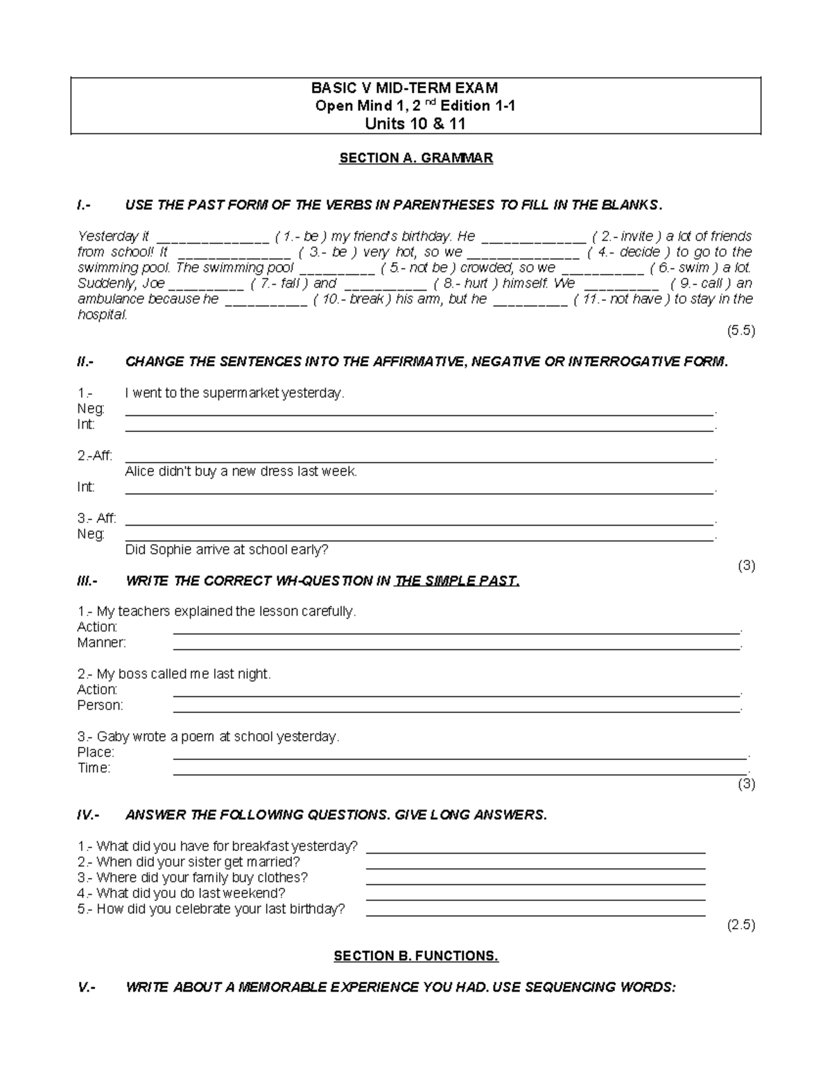 Basic V Midterm Exam New OM1 - BASIC V MID-TERM EXAM Open Mind 1, 2 nd Edition 1- Units 10 & 11 ...