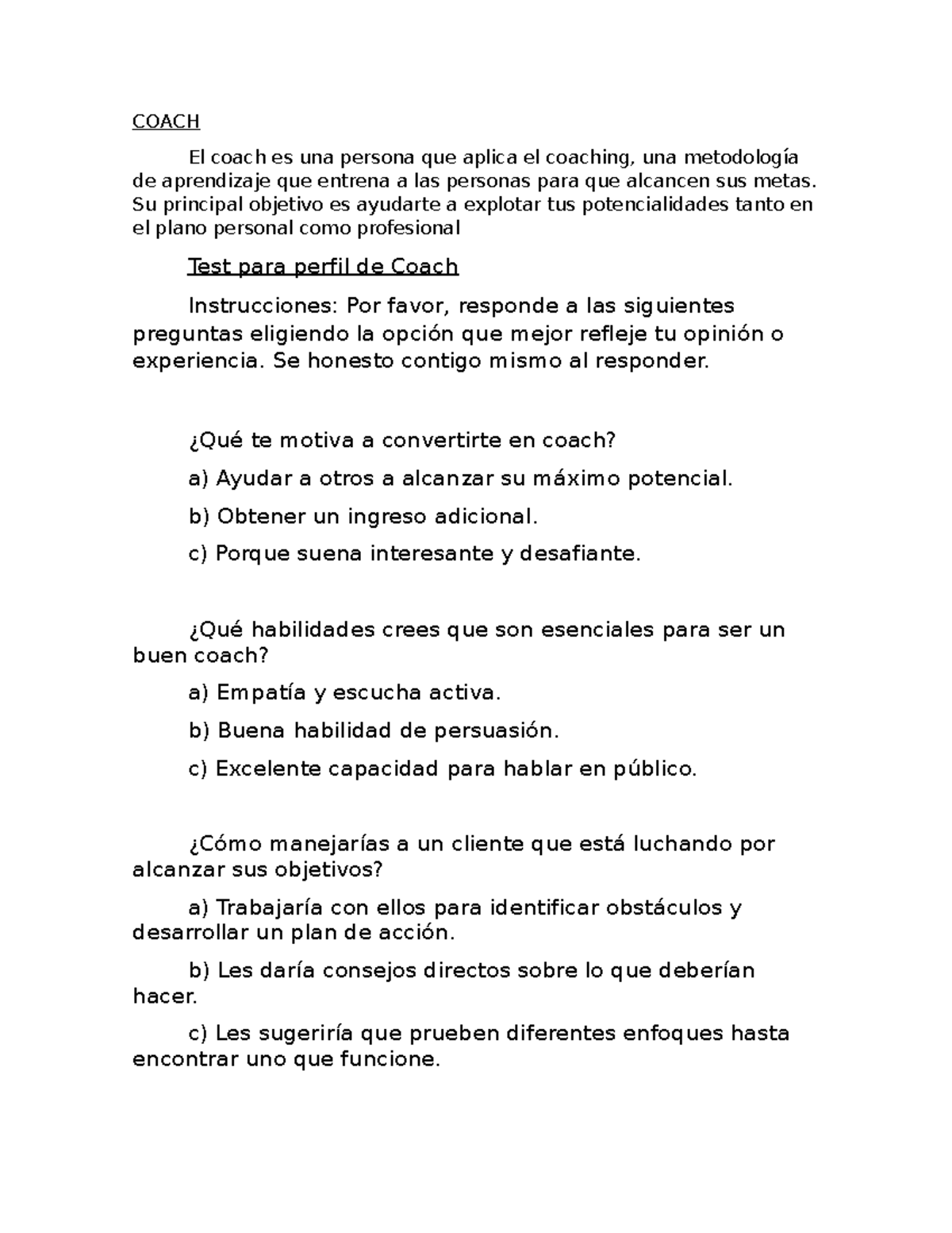 TEST Coach - capacitaciones - COACH El coach es una persona que aplica ...