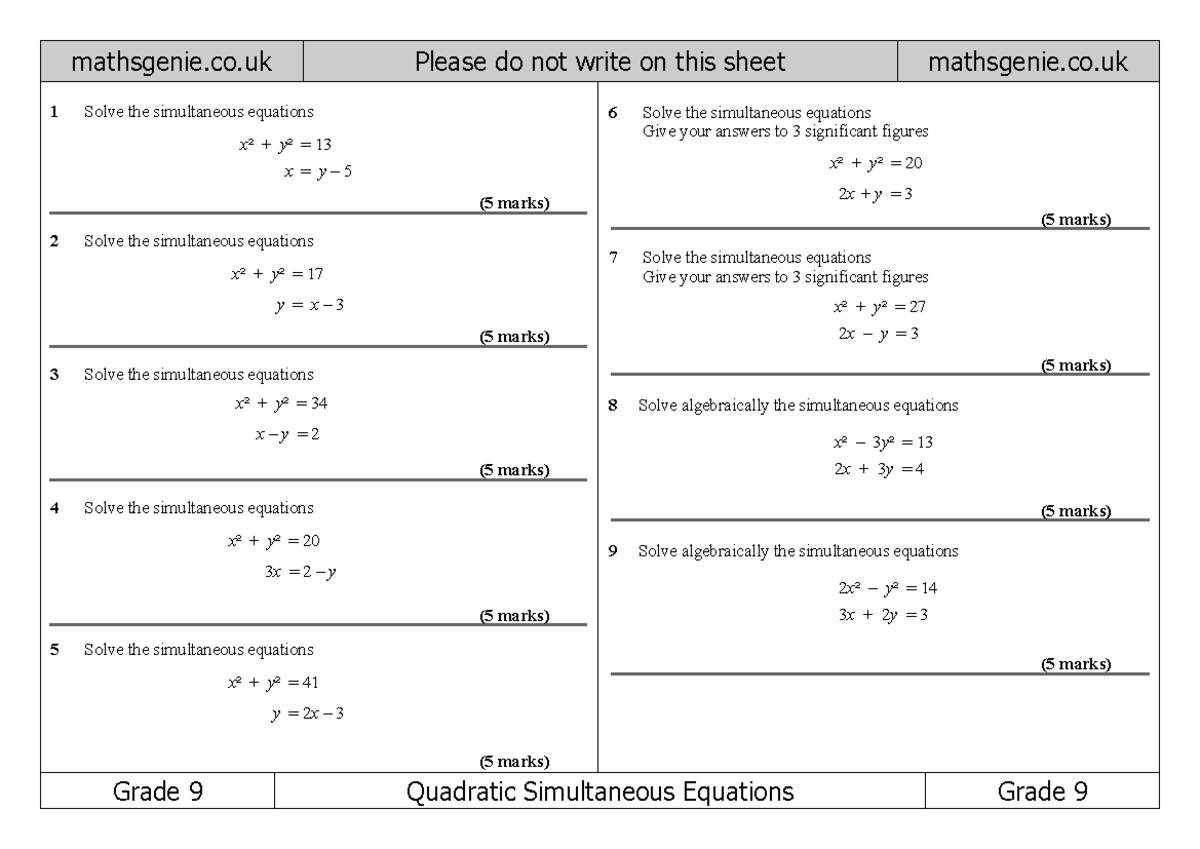 9-quadratic-simultaneous-equations-ws - mathsgenie.co Grade 9 Quadratic Simultaneous Equations ...