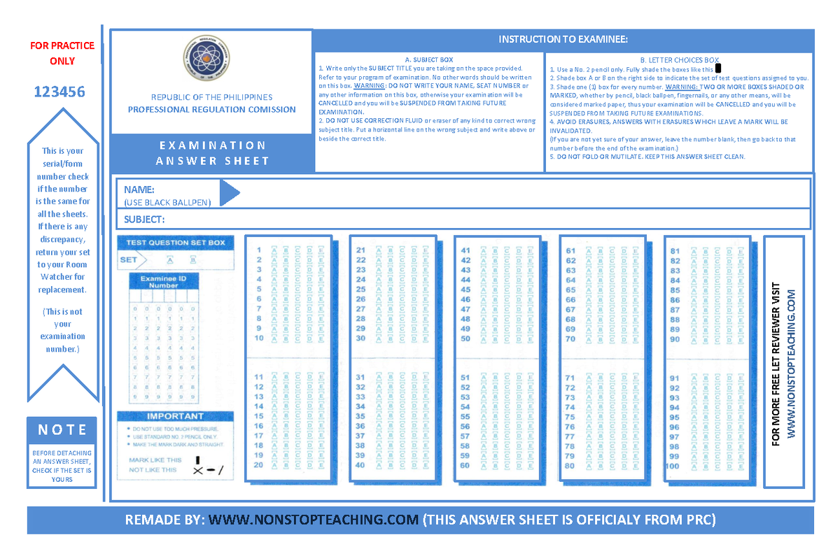 Sample LET Answer Sheet - REPUBLIC OF THE PHILIPPINES PROFESSIONAL ...