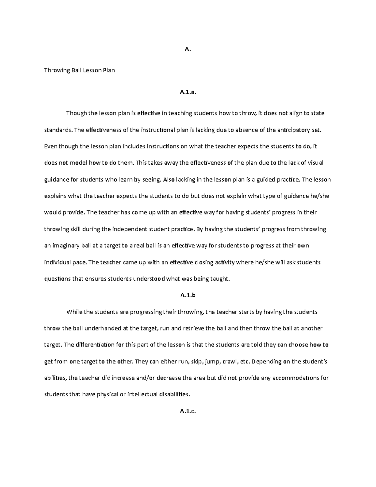 C367 Lesson Plan - Task 1 - A. Throwing Ball Lesson Plan A.1. Though ...