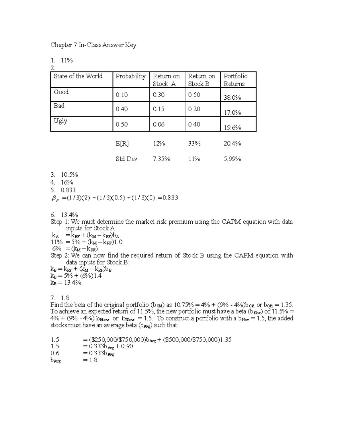 Inclass ch7 sol Risk and Return - Chapter 7 In-Class Answer Key 1. 11% ...