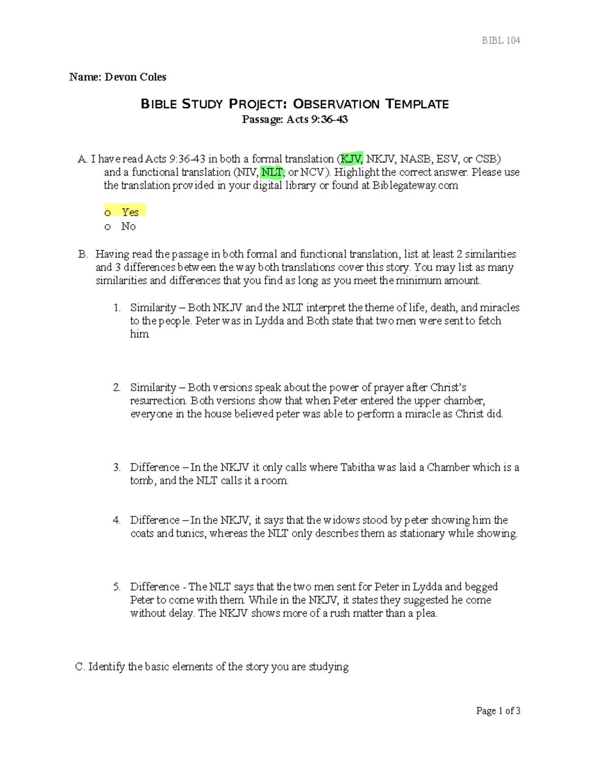 Bible Study Project Observation Template - BIBL 104 Name: Devon Coles ...