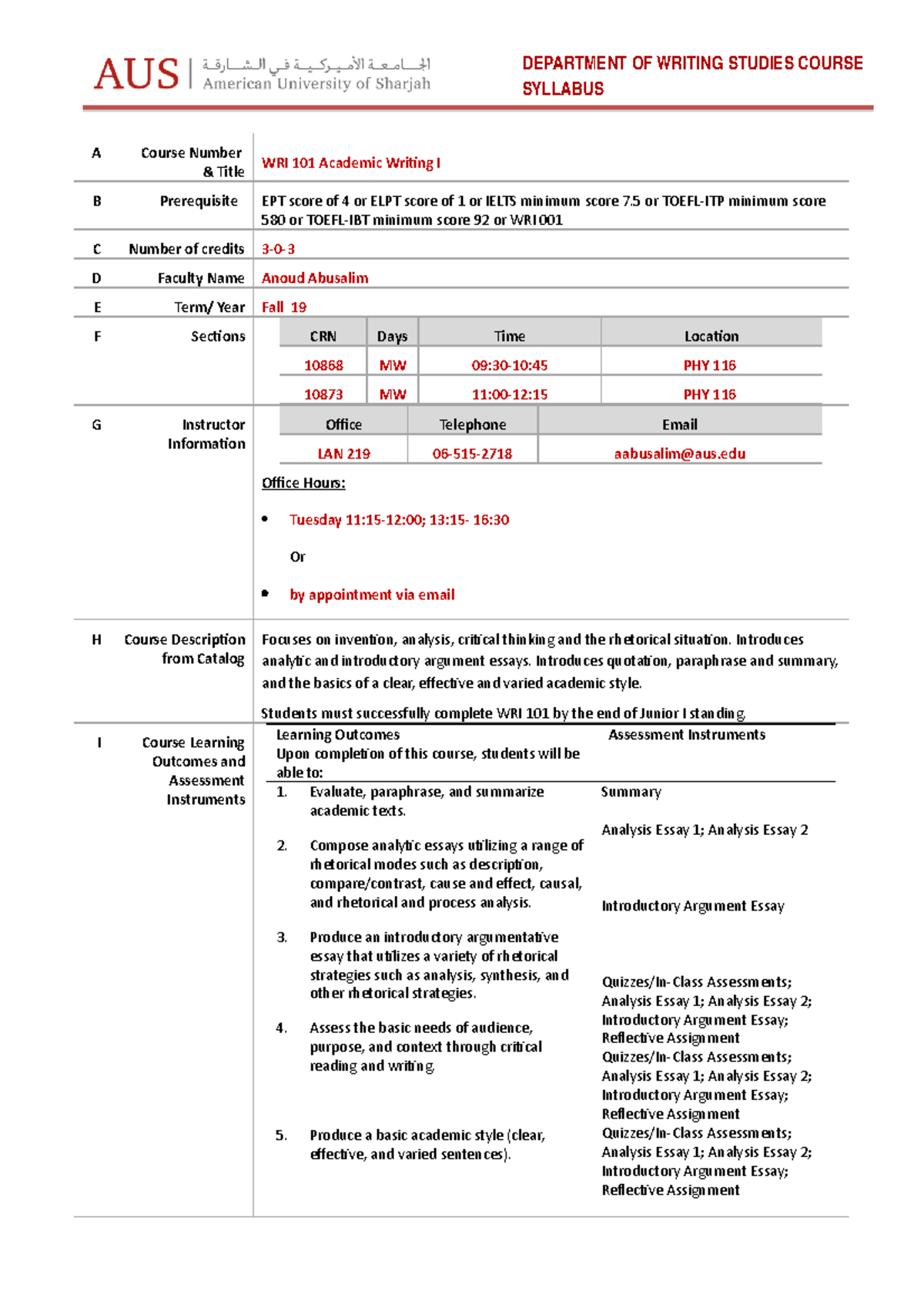Abusalim, WRI 101 Syllabus, Fall 19 - SYLLABUS A Course Number & Title ...