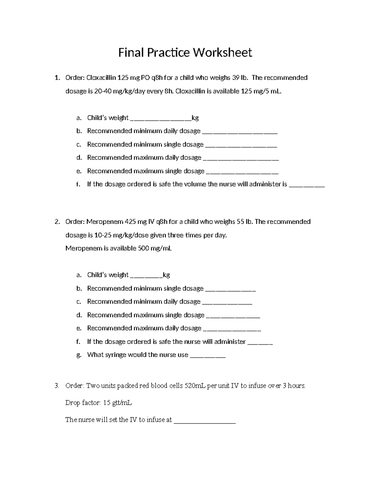 Final Practice Work Sheet - Final Practice Worksheet Order: Cloxacillin ...