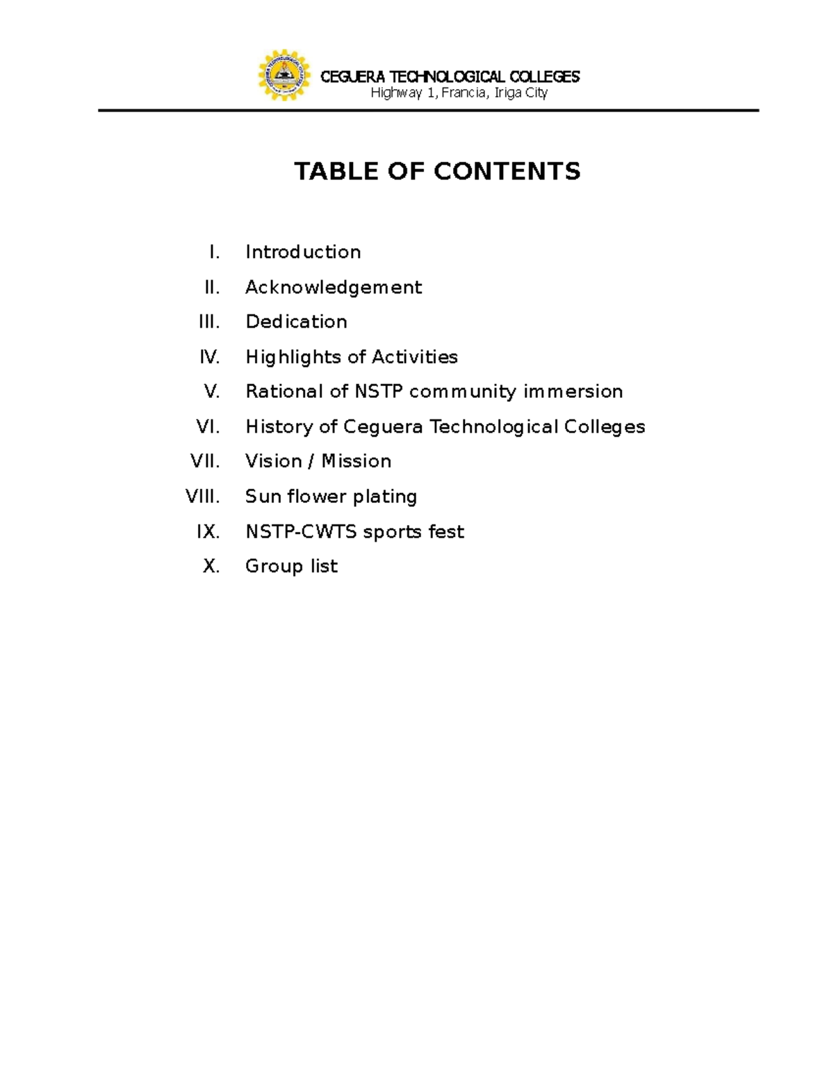 Narrative report Group 1-2 - Highway 1, Francia, Iriga City TABLE OF ...