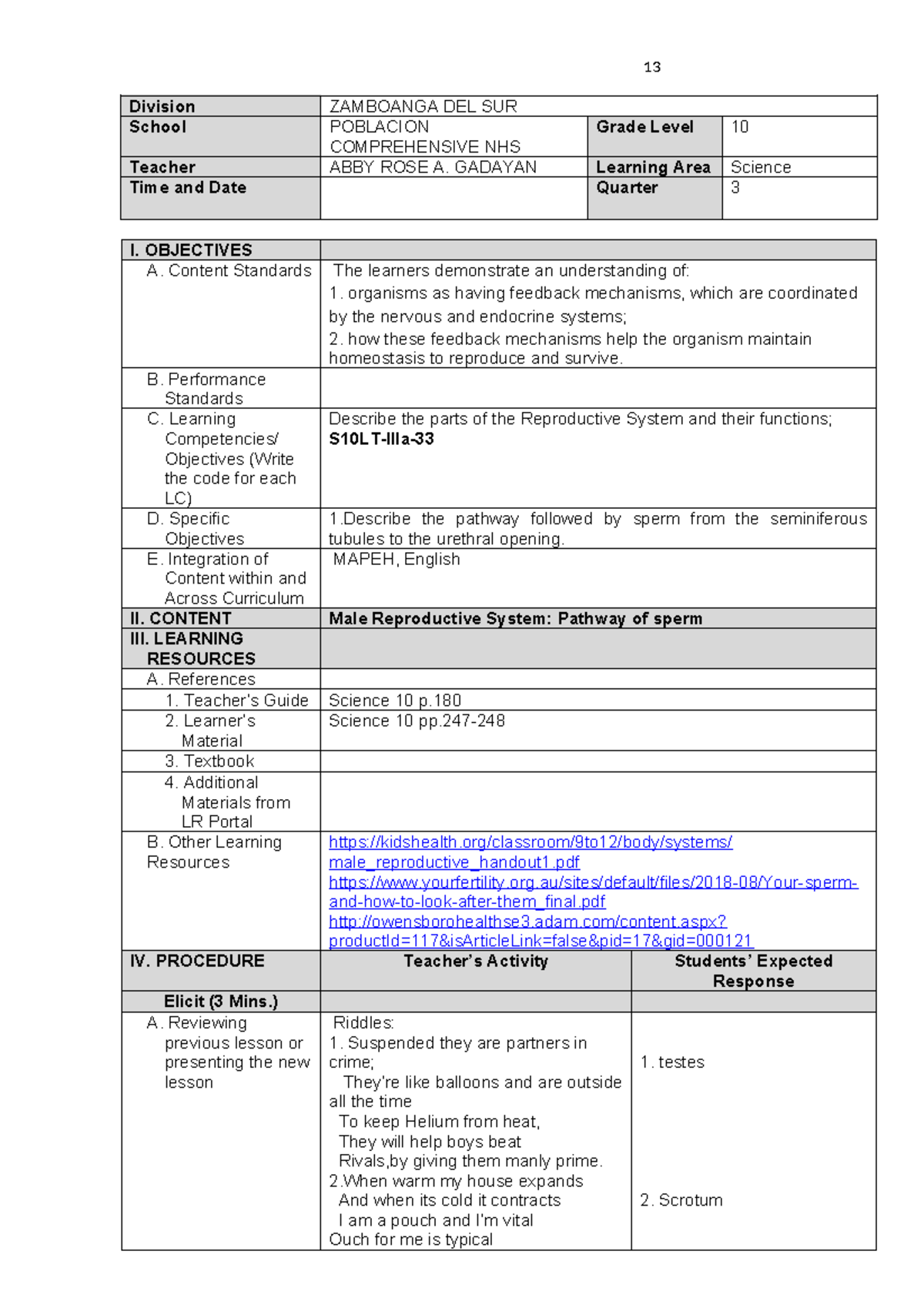 Q3 LESSON PLAN-SCIENCE 10 MODULE 1 - Division ZAMBOANGA DEL SUR School ...