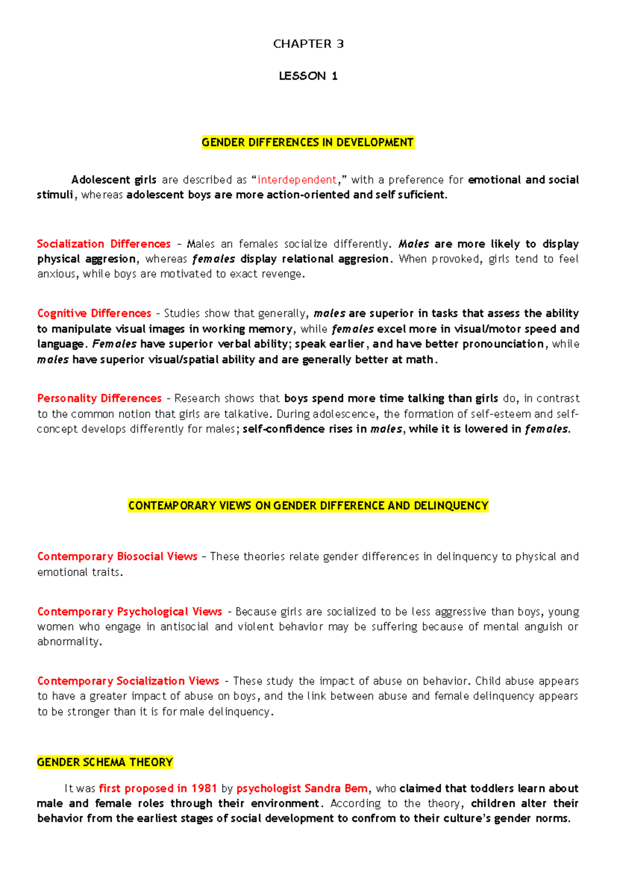 CRIM 5 - Chapter 3 - NOTES - CHAPTER 3 LESSON 1 GENDER DIFFERENCES IN ...