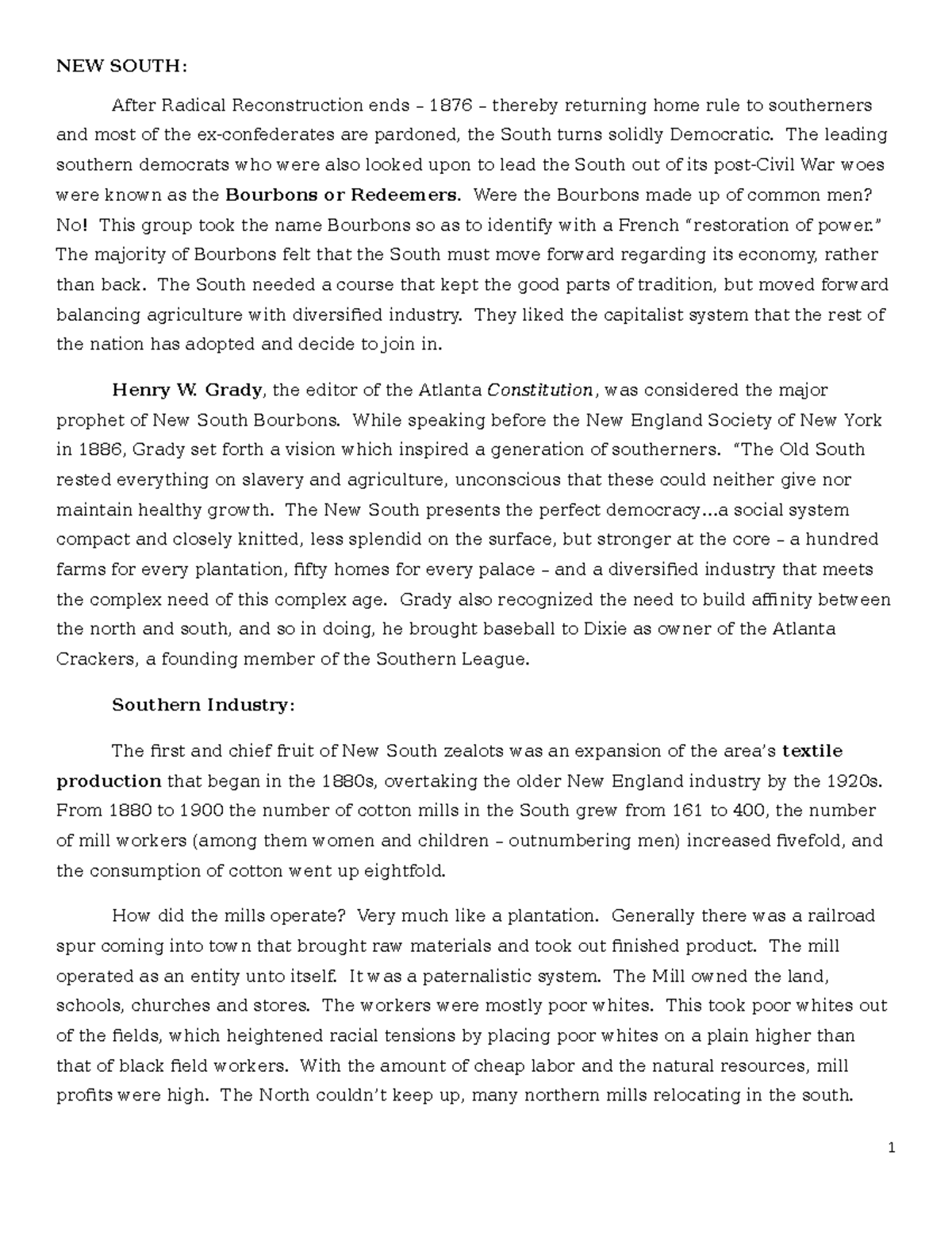 Notes - New South - NEW SOUTH: After Radical Reconstruction ends – 1876 ...