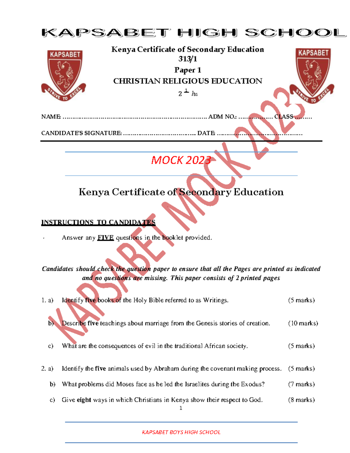 C.R.E p1 Q - 1 KAPSABET BOYS HIGH SCHOOL Kenya Certificate of Secondary ...