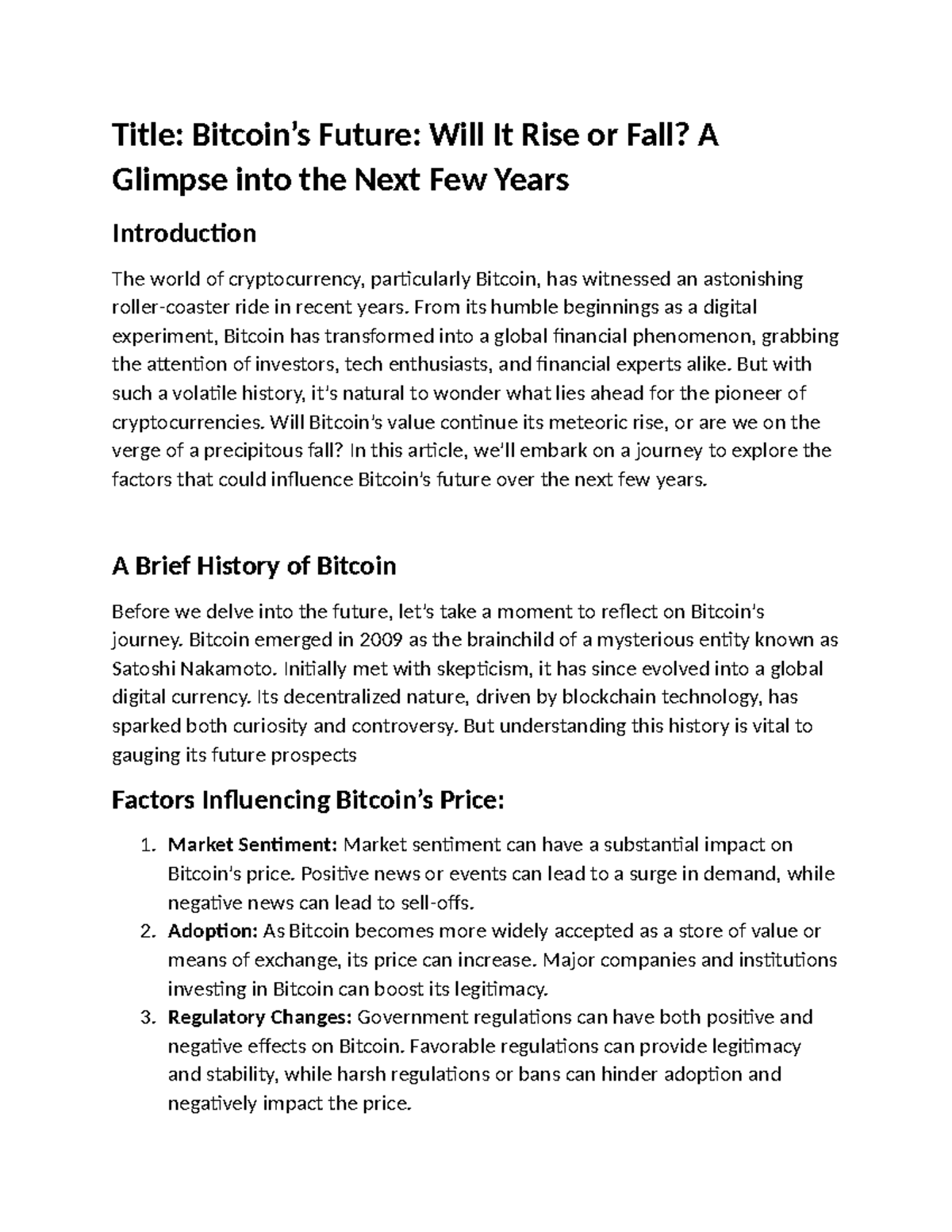 Bitcoin article - Title: Bitcoin’s Future: Will It Rise or Fall? A ...