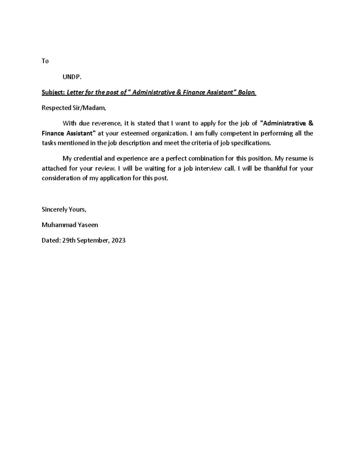 Cover Letter - Finance - To UNDP. Subject: Letter for the post of ...