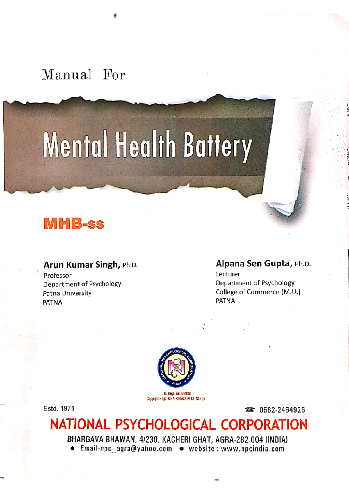 Mental Health Battery Manual - psychology - Studocu