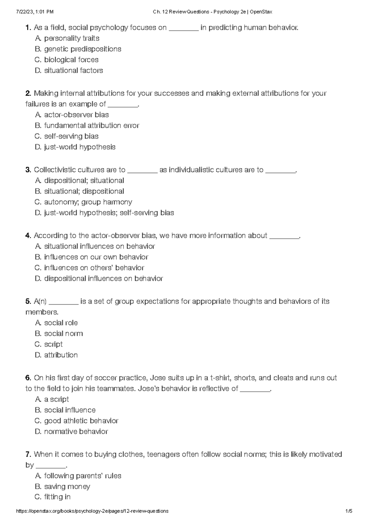 Ch. 12 Review Questions - Psychology 2e Open Stax - As a field, social ...