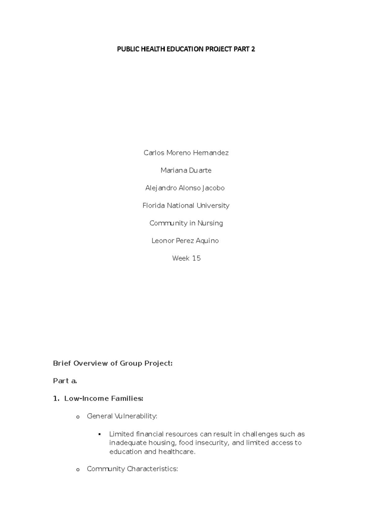 Public Health Education Project PART 2 - PUBLIC HEALTH EDUCATION ...