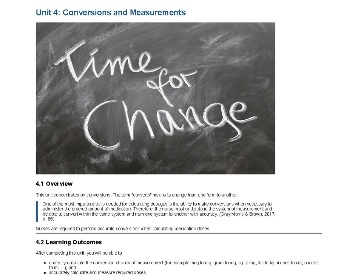 Unit 4 - course summary - Unit 4: Conversions and Measurements 4 ...