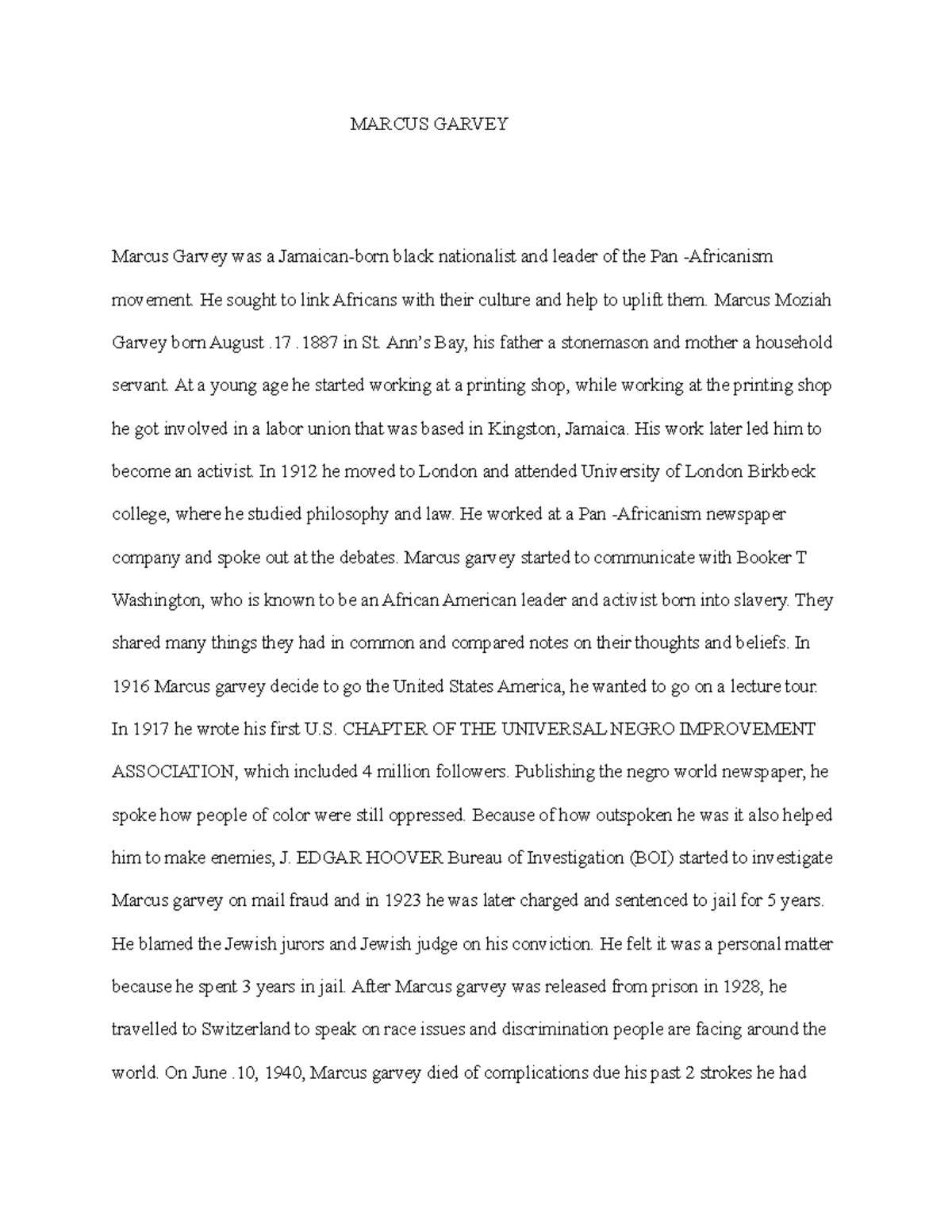 2-2 project proposal - classwork - MARCUS GARVEY Marcus Garvey was a ...