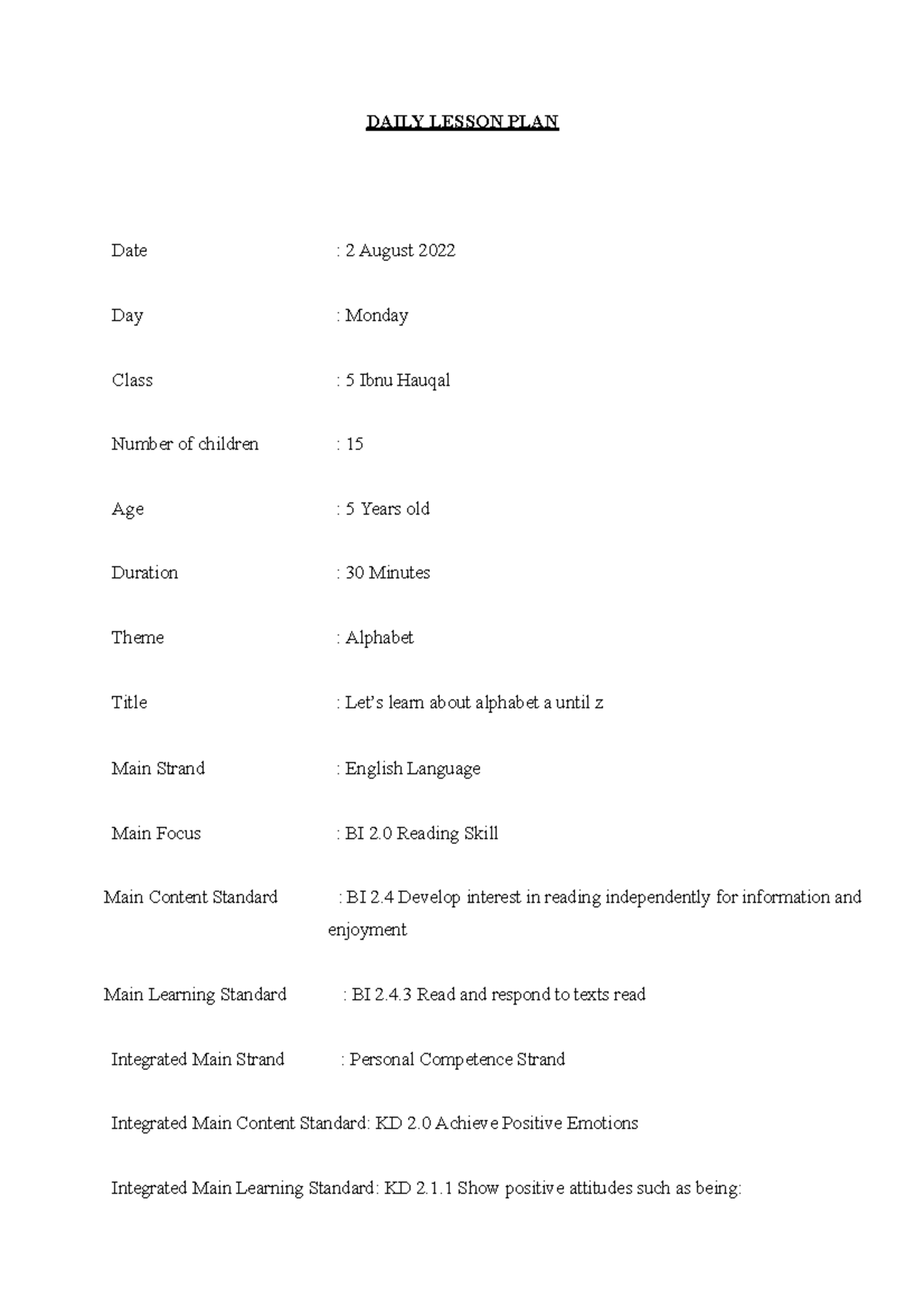 RPH 1 August - notes - DAILY LESSON PLAN Date : 2 August 2022 Day ...